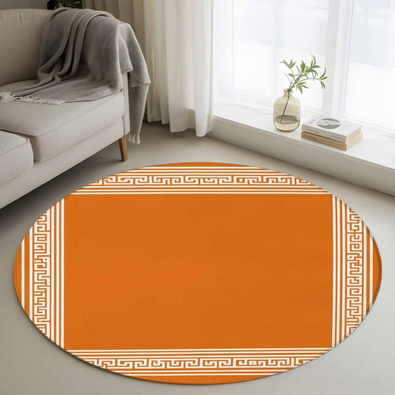 Burnt Orange Geometric 3.3ft Round Rug, White Greek Key Design Abstract ...