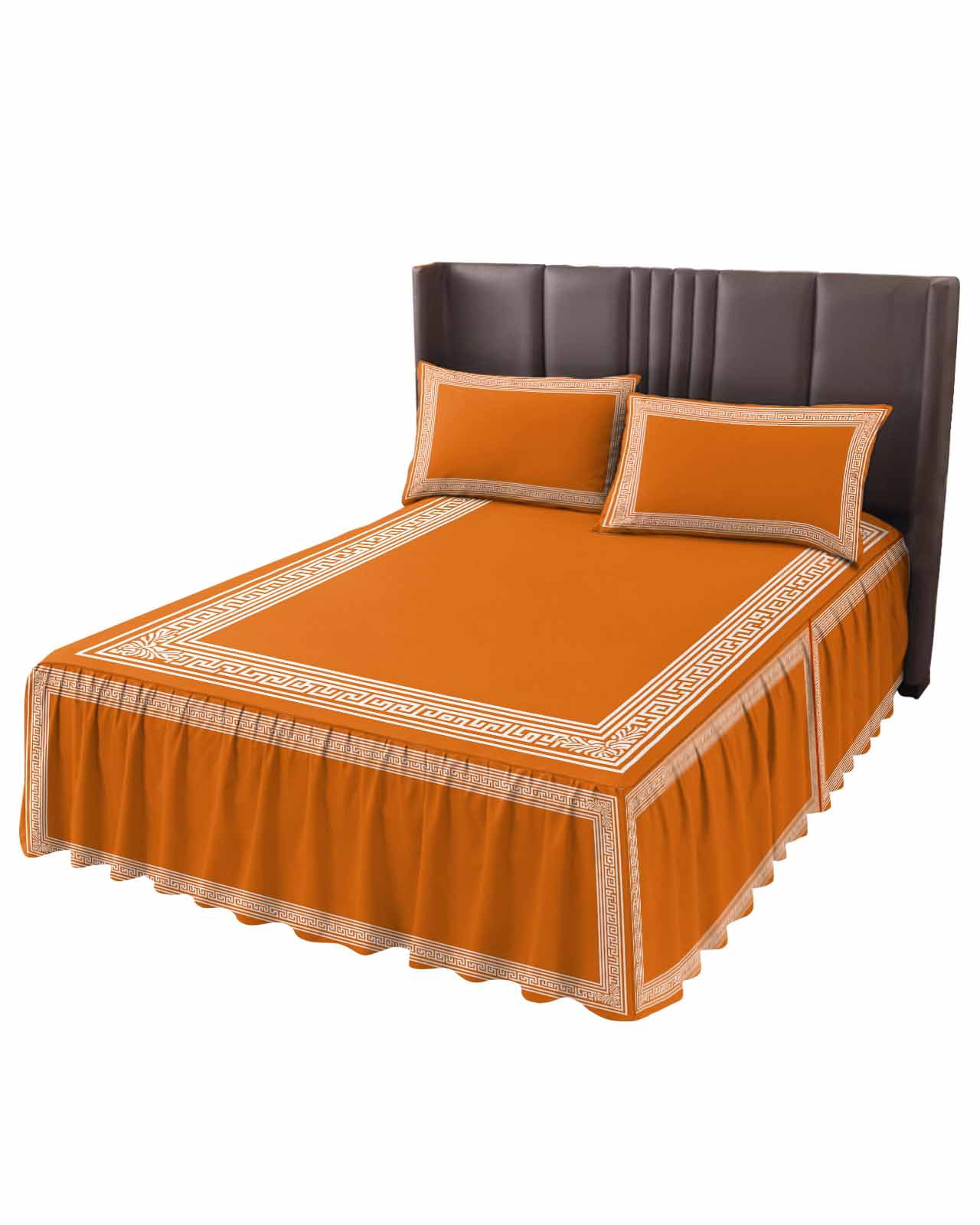 Burnt Orange Geometric Bed Skirt Twin XL Size 18 Inch Drop, White Greek ...