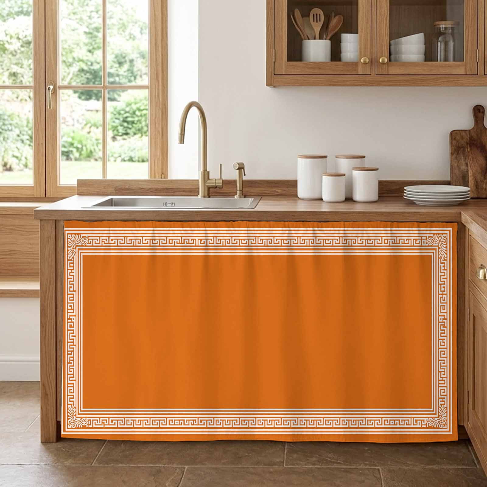 Burnt Orange Geometric Cabinet Curtains 28"W x 51"L, White Greek Key ...