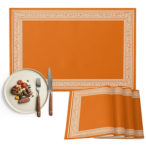 Burnt Orange Geometric Placemats Set of 6, White Greek Key Design ...