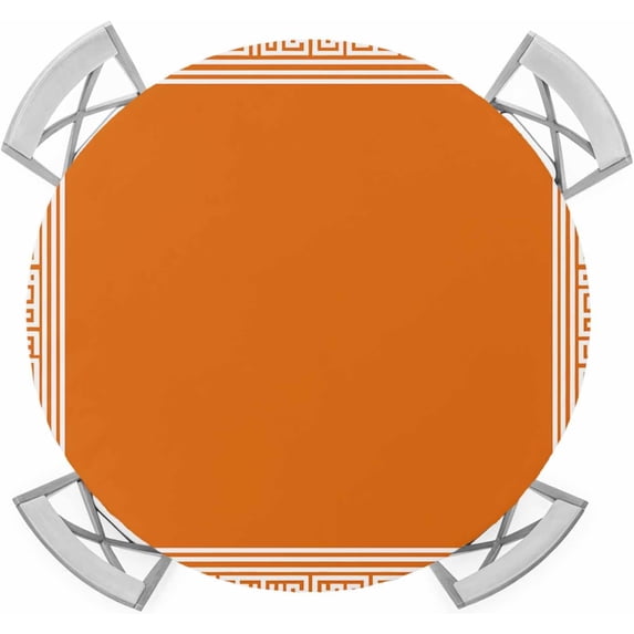 Burnt Orange Geometric Round Fitted Tablecloth with Elastic Edge, White ...