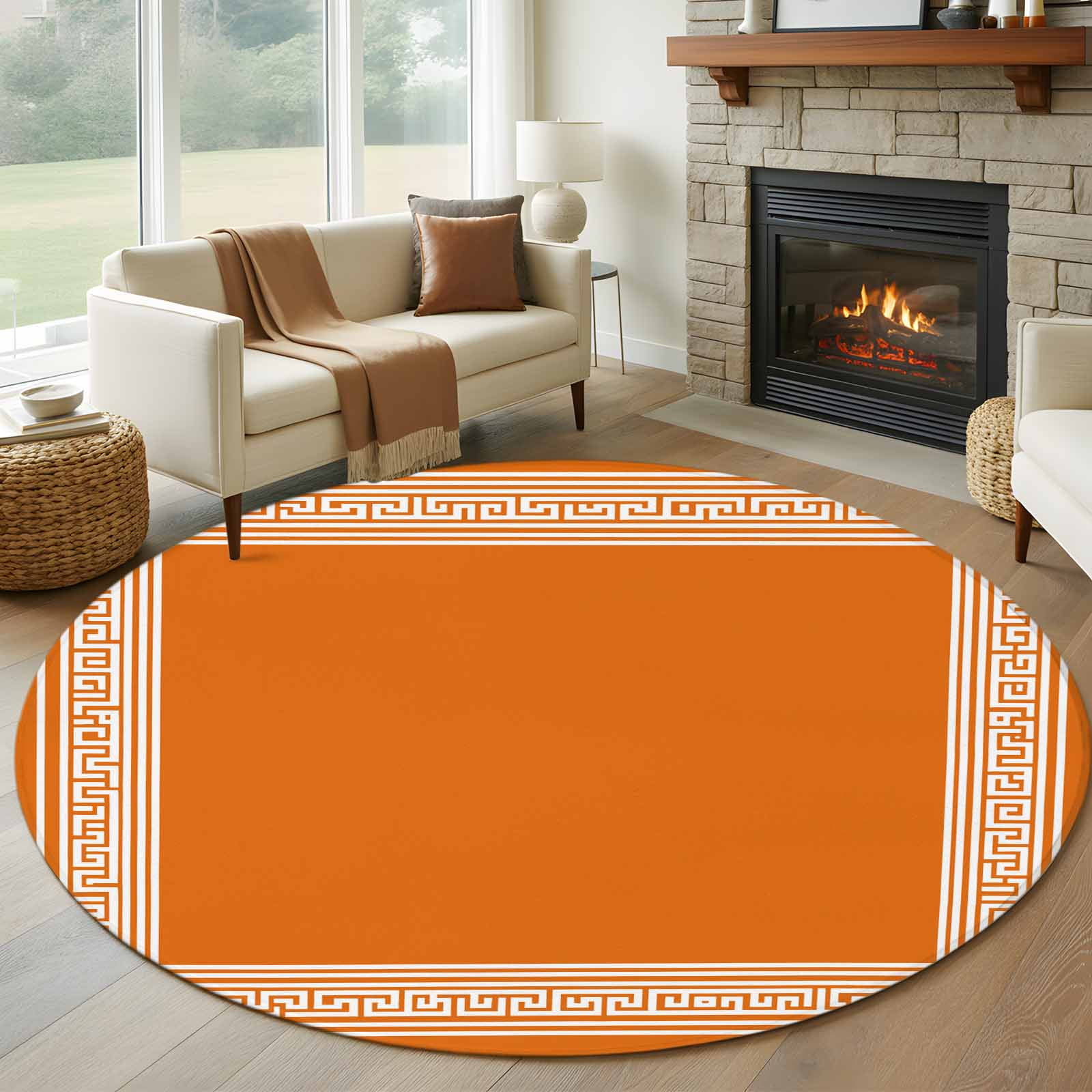 Burnt Orange Geometric Round Rugs 7ft, White Greek Key Design Abstract ...