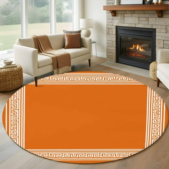 Burnt Orange Geometric Round Rugs 7ft, White Greek Key Design Abstract ...