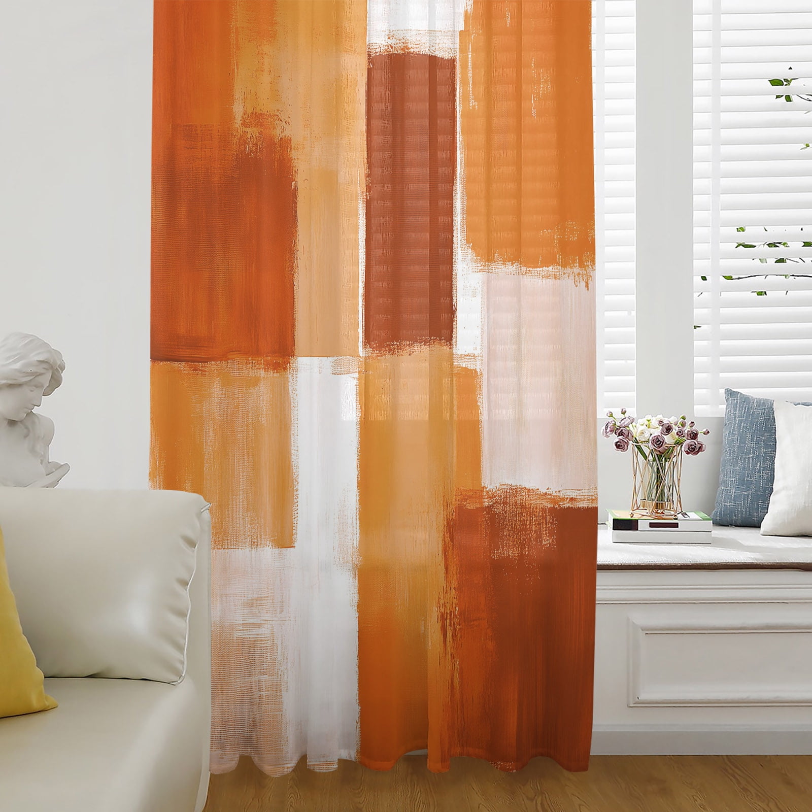 Burnt Orange Geometric Sheer Curtains 63 Inch Length, Light Filtering ...