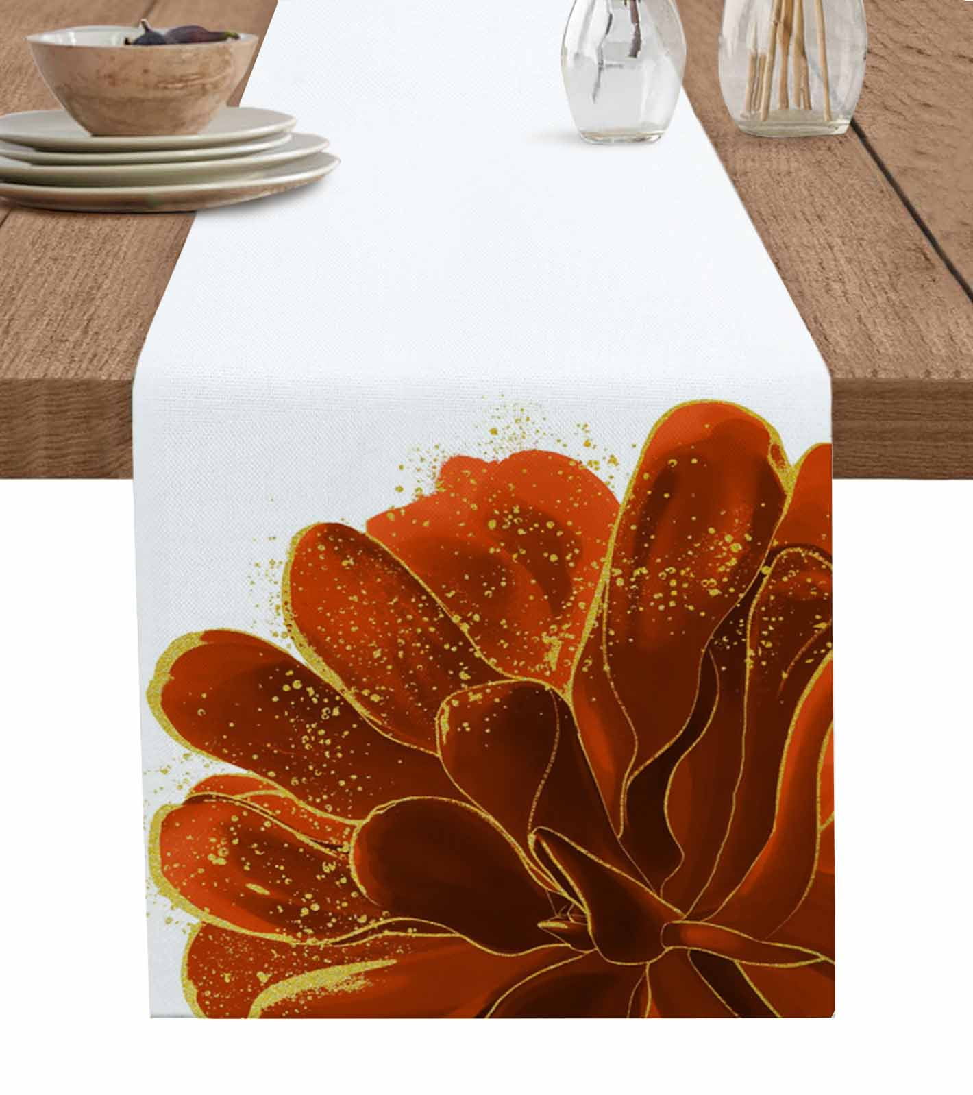 Burnt Orange Gold Flower Short Table Runners 48 Inches, Cotton Linen ...