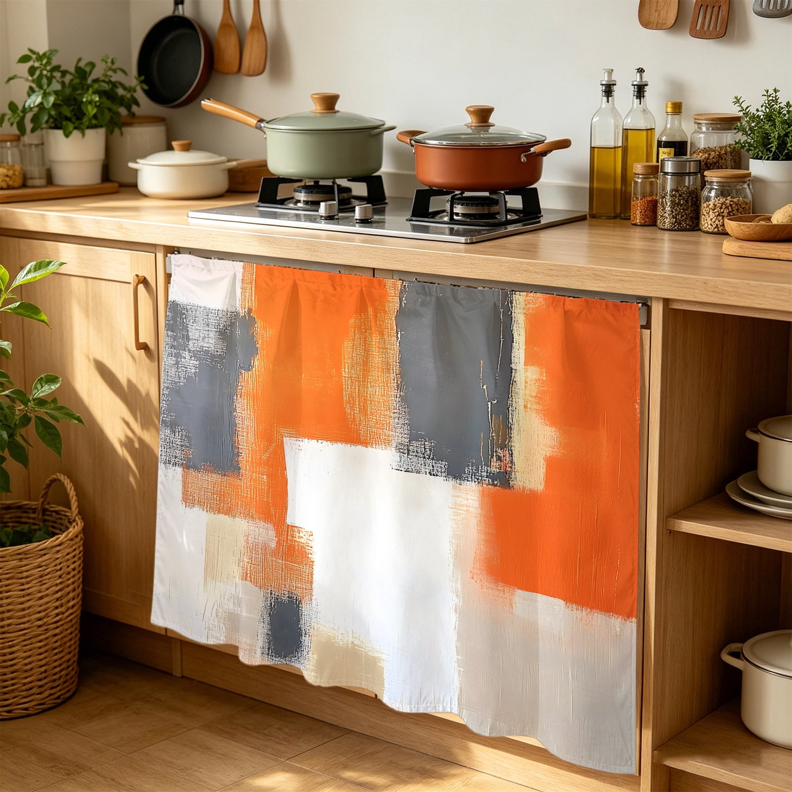 Burnt Orange Gray Cabinet Curtains 35''x35'', Modern Abstract Oil ...