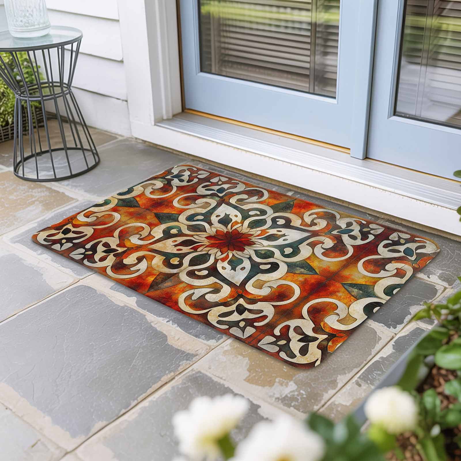 Burnt Orange Green Door Mat Indoor Outdoor, Vintage Abstract Flowers ...