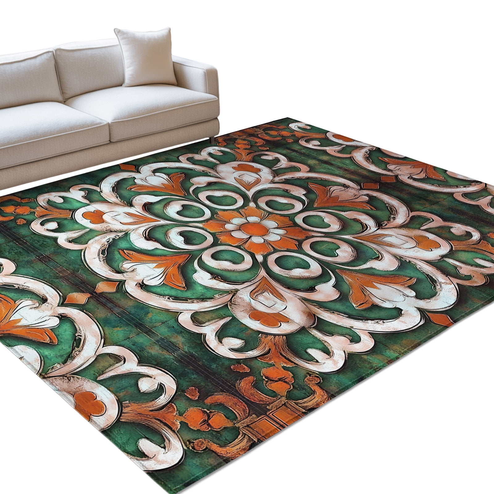 Burnt Orange Green Flower Washable Rug 4x6 Area Rug for Living Room ...