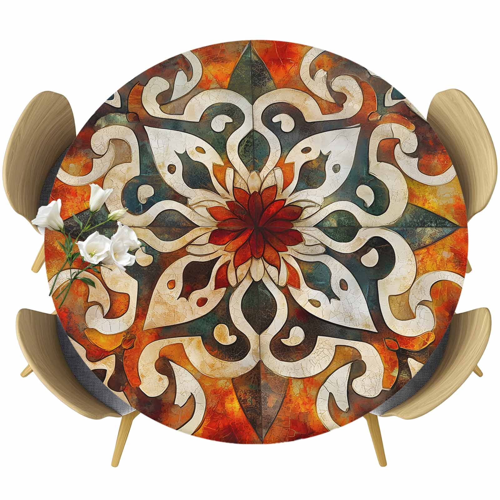 Burnt Orange Green Table Cloth, Round Fitted Tablecloths with Elastic ...
