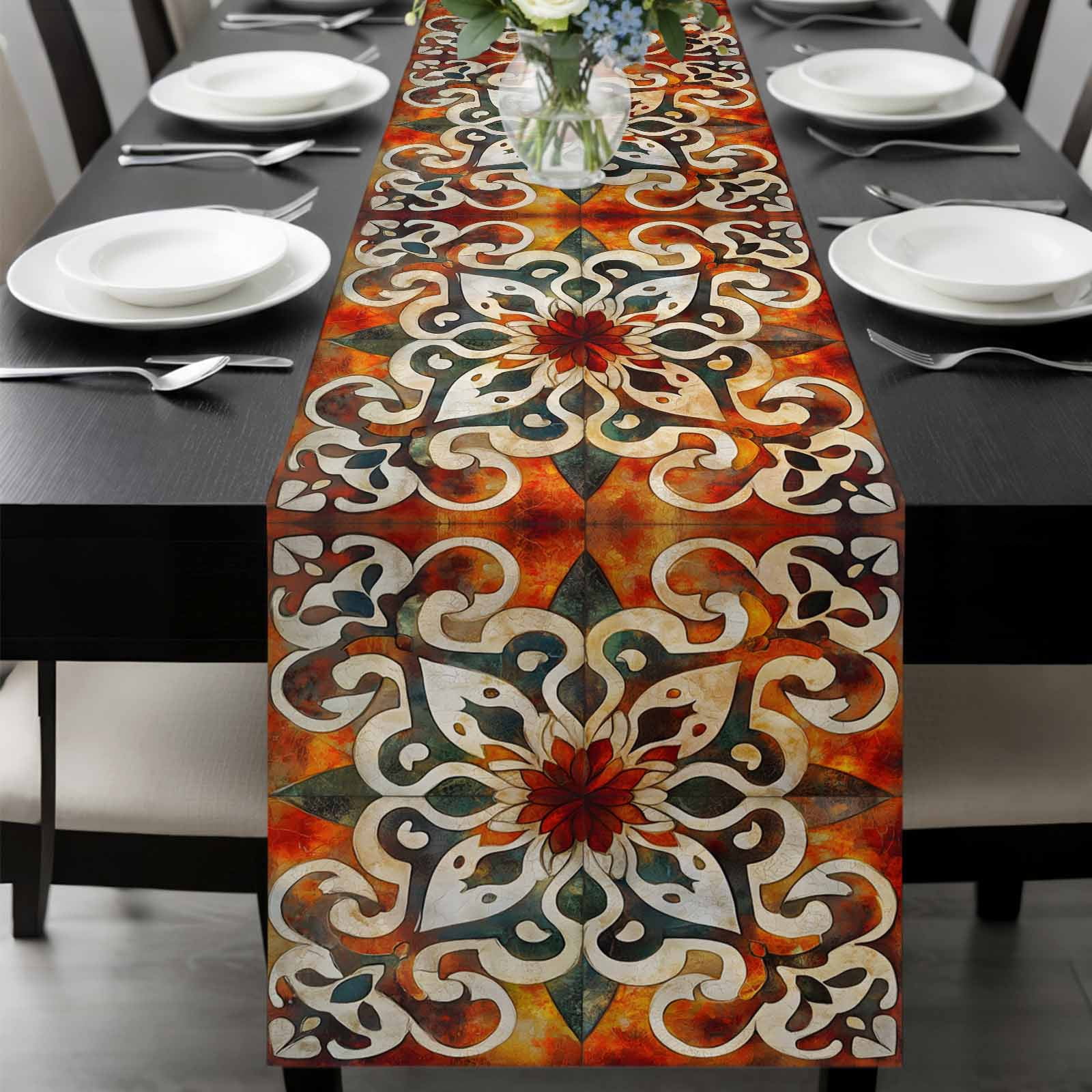 Burnt Orange Green Table Runner 36 Inches Long, Vintage Abstract ...