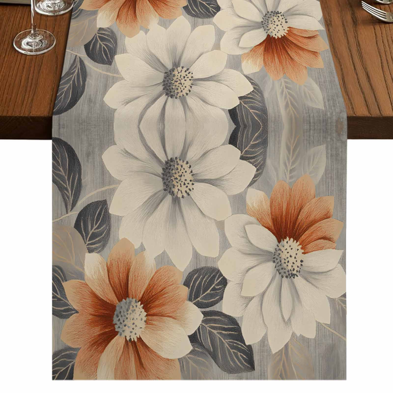 Burnt Orange Grey 36 Inch Table Runner, Vintage Spring Floral Botanical ...