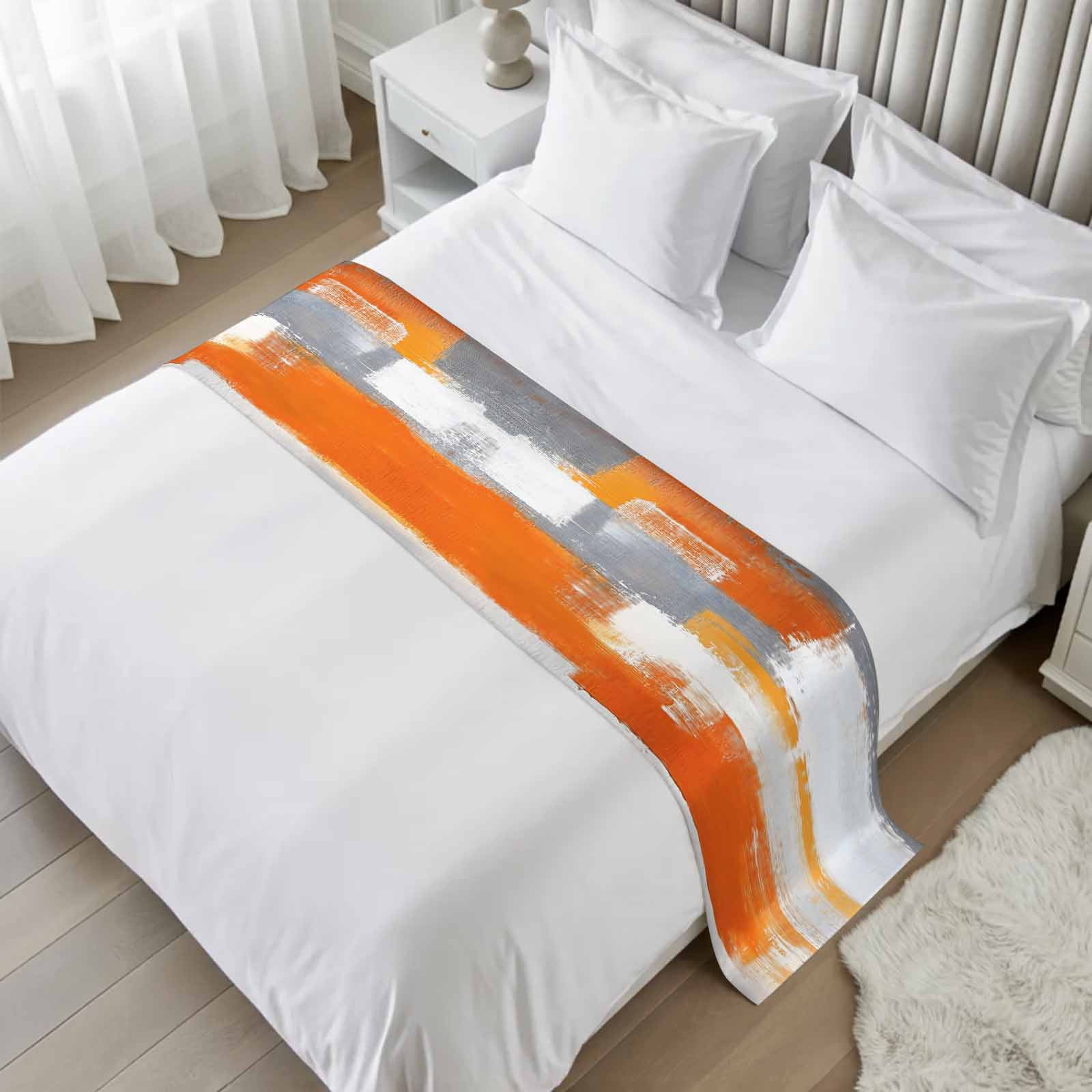 Burnt Orange Grey Bed Runner Scarf Cal King Size, Modern Oil Painted ...