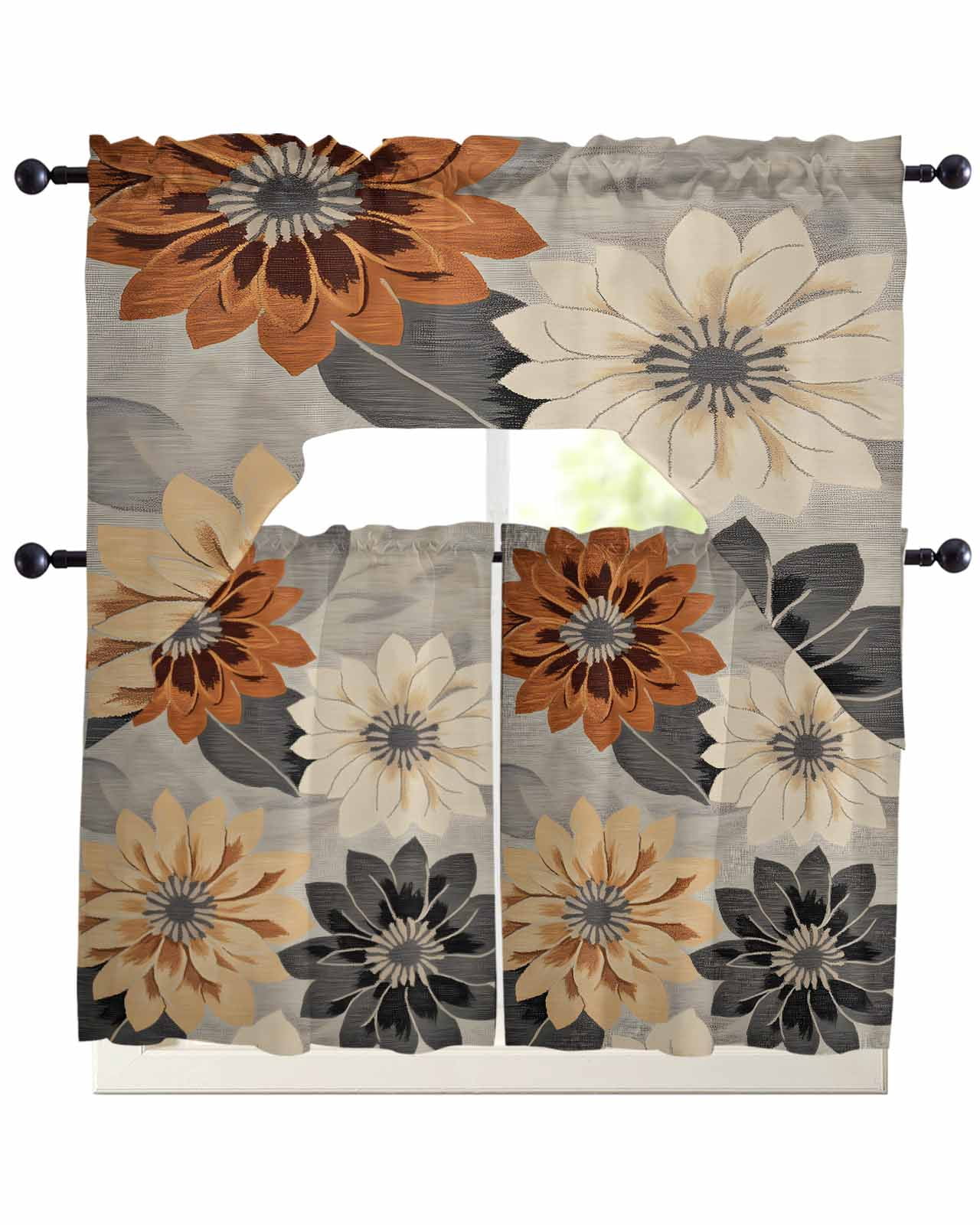 Burnt Orange Grey Black Flower Kitchen Curtain and Valance Set 3 Pieces ...