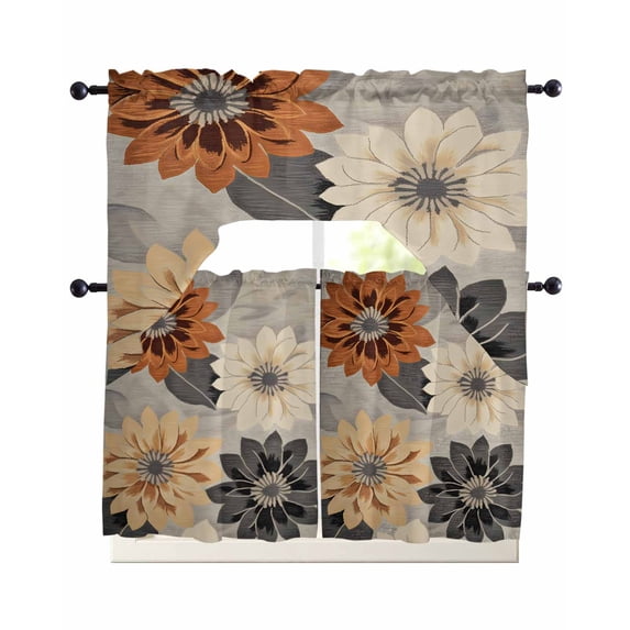 Burnt Orange Grey Black Flower Kitchen Curtains Set for Windows 3 Piece ...