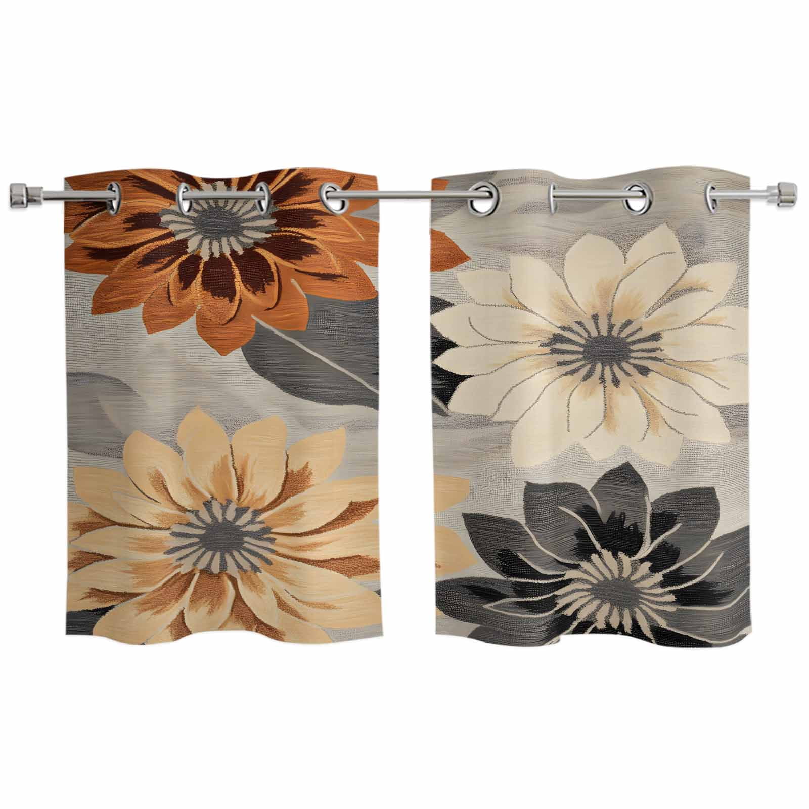 Burnt Orange Grey Black Flower Kitchen Curtains Small Short 39 Inch ...