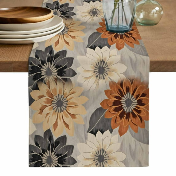 Burnt Orange Grey Black Flower Table Runner, Spring Floral Botanical ...