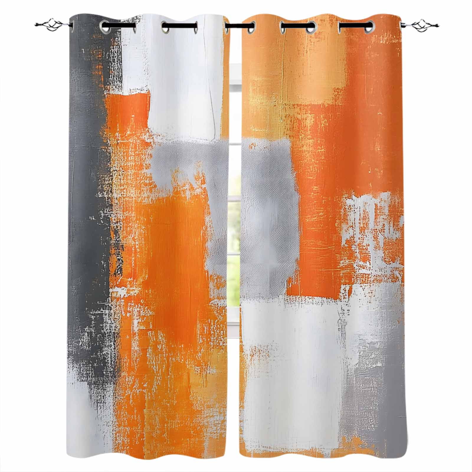Burnt Orange Grey Blackout Curtains 63 Inches Long, Modern Oil Painted ...