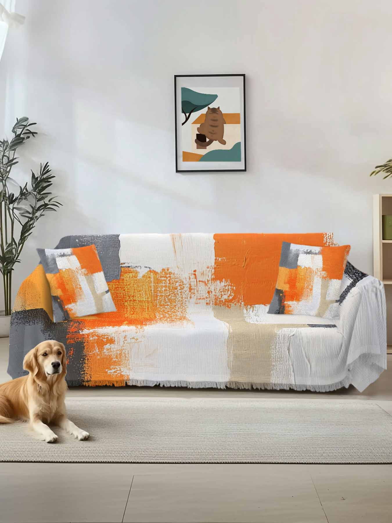 Burnt Orange Grey Couch Cover for 2 Cushion Sofa, Abstract Geometric ...