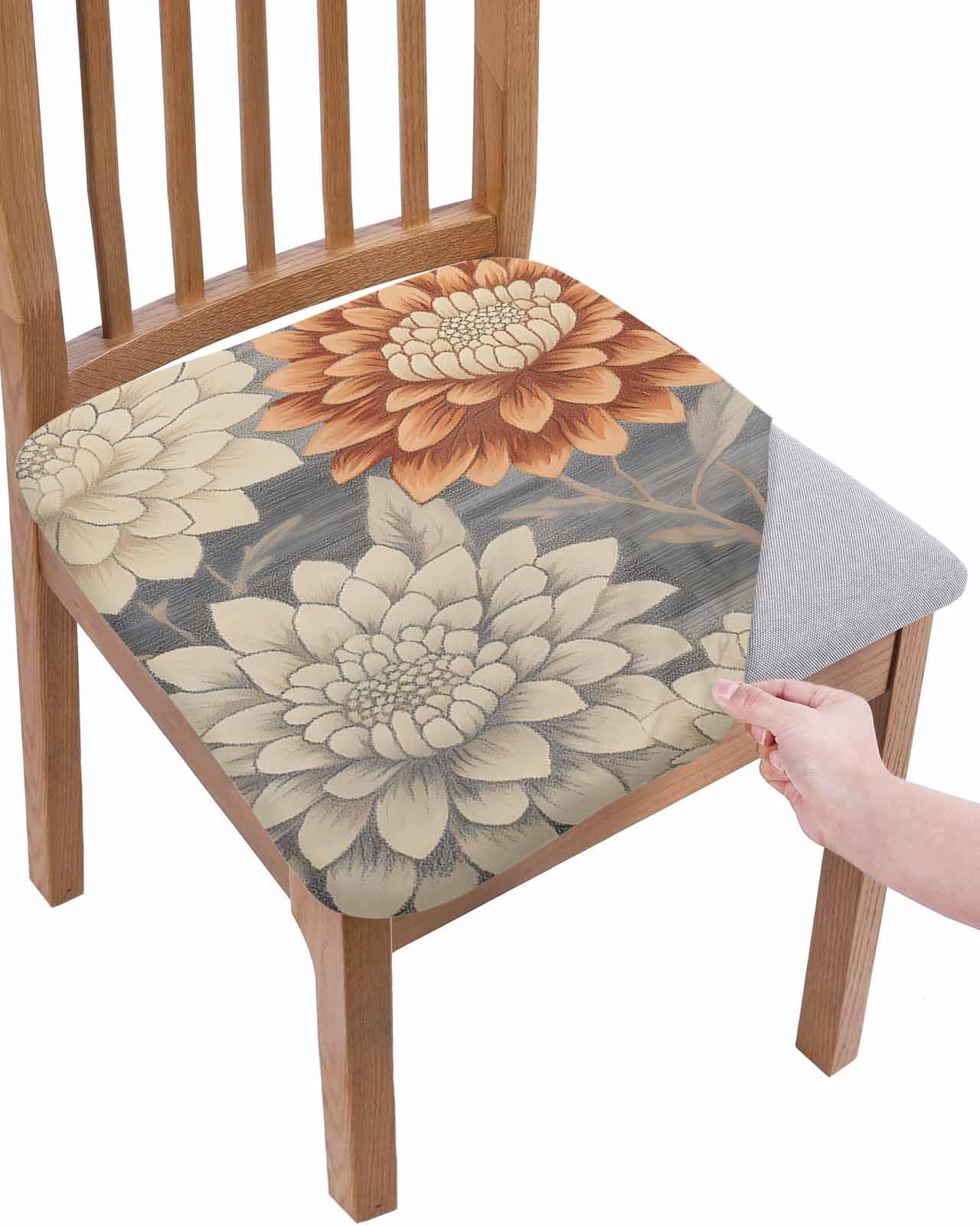 Burnt Orange Grey Flower Chair Seat Covers for Dining Room Stretch ...