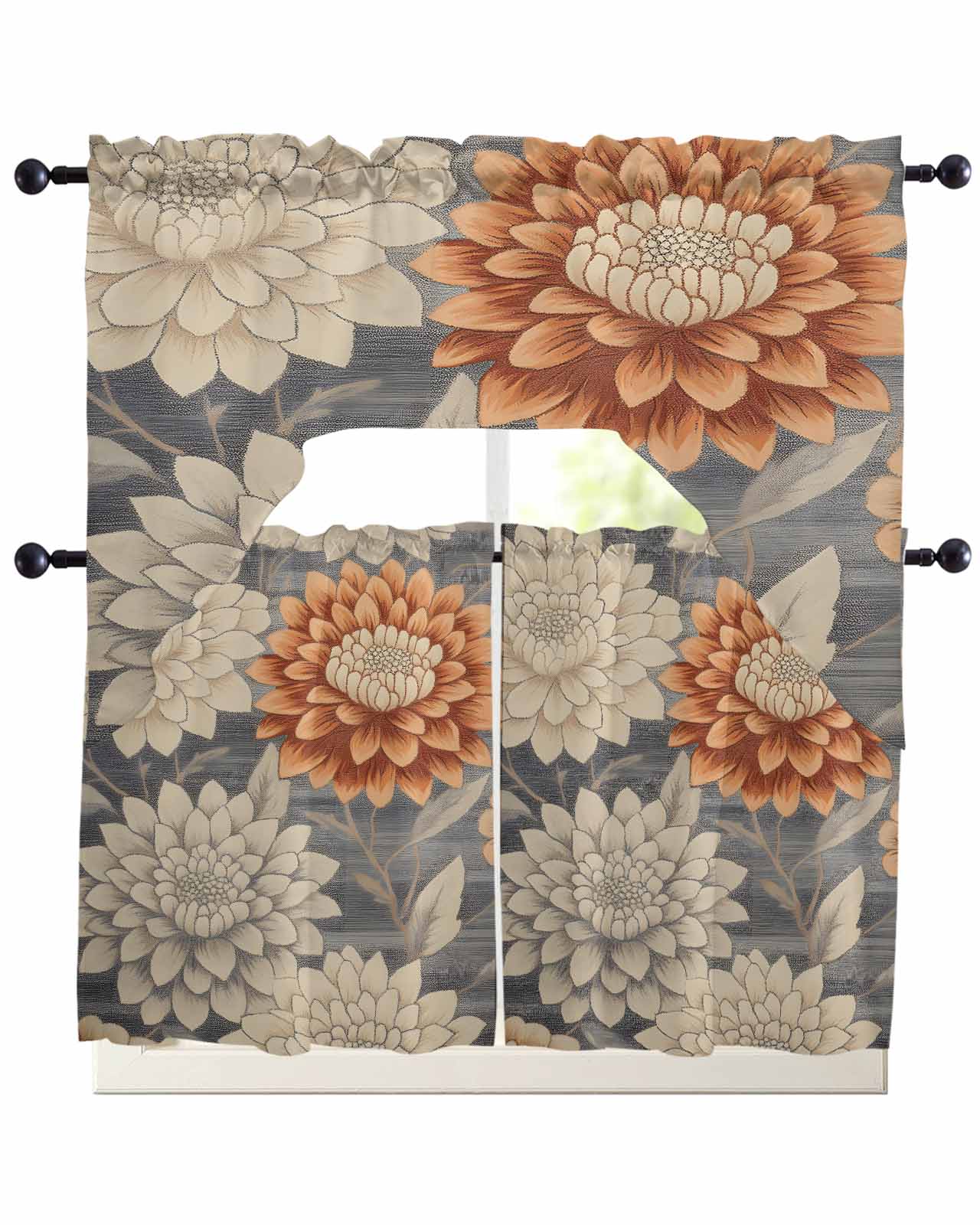 Burnt Orange Grey Flower Kitchen Curtains Swag Valance and Tier ...