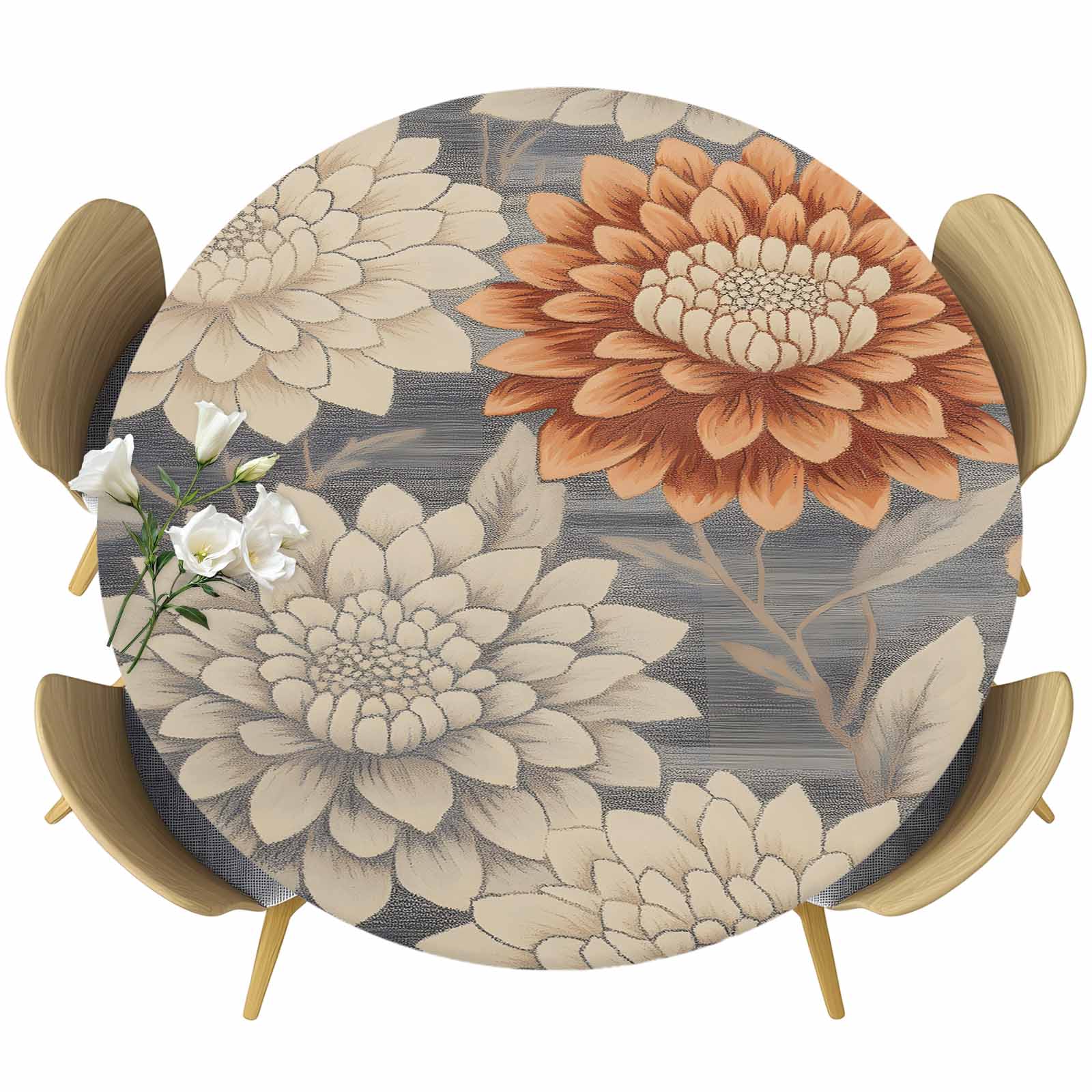 Burnt Orange Grey Flower Round Tablecloth 36-44 Inch Round Fitted Table ...