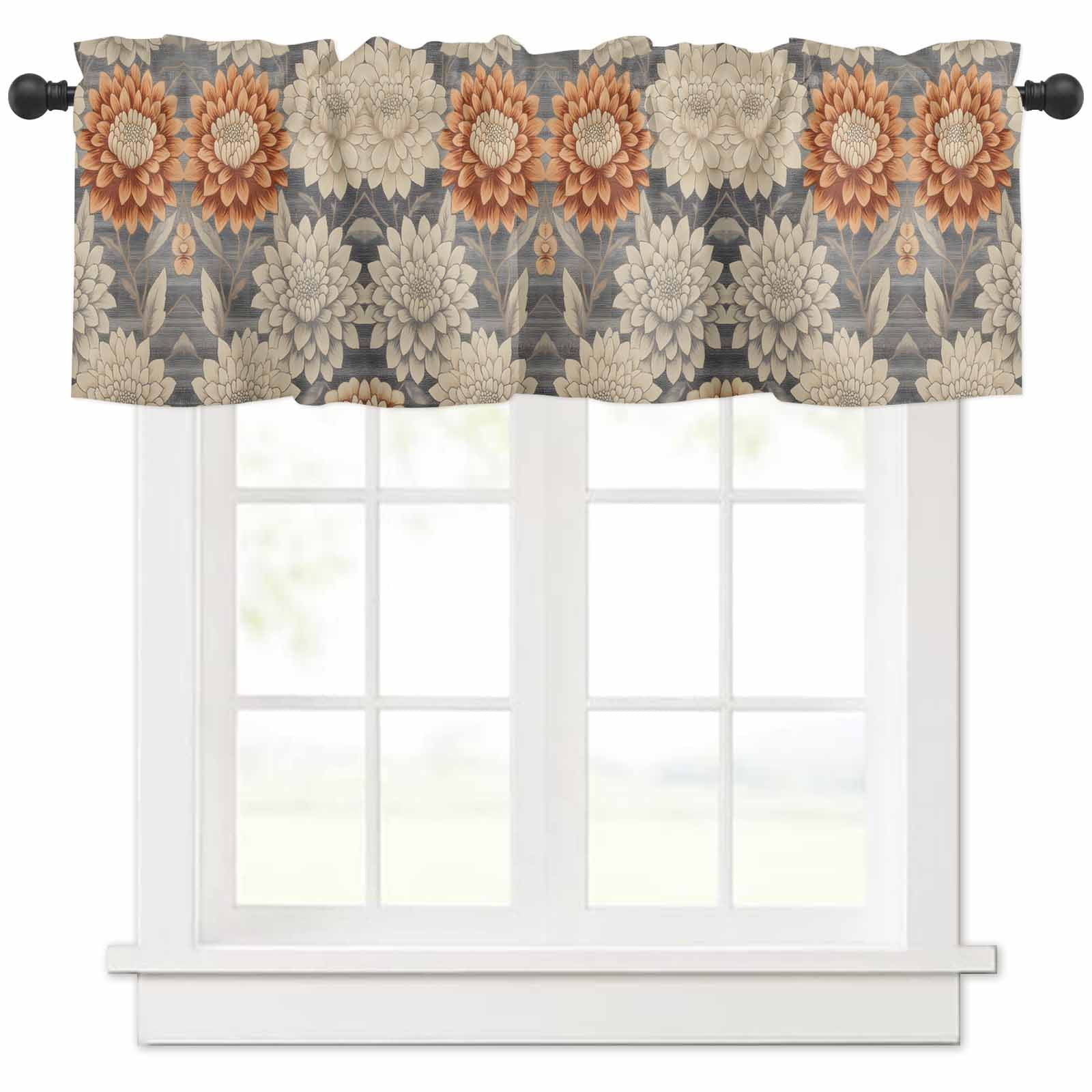Burnt Orange Grey Flower Valances for Windows Farmhouse Kitchen ...