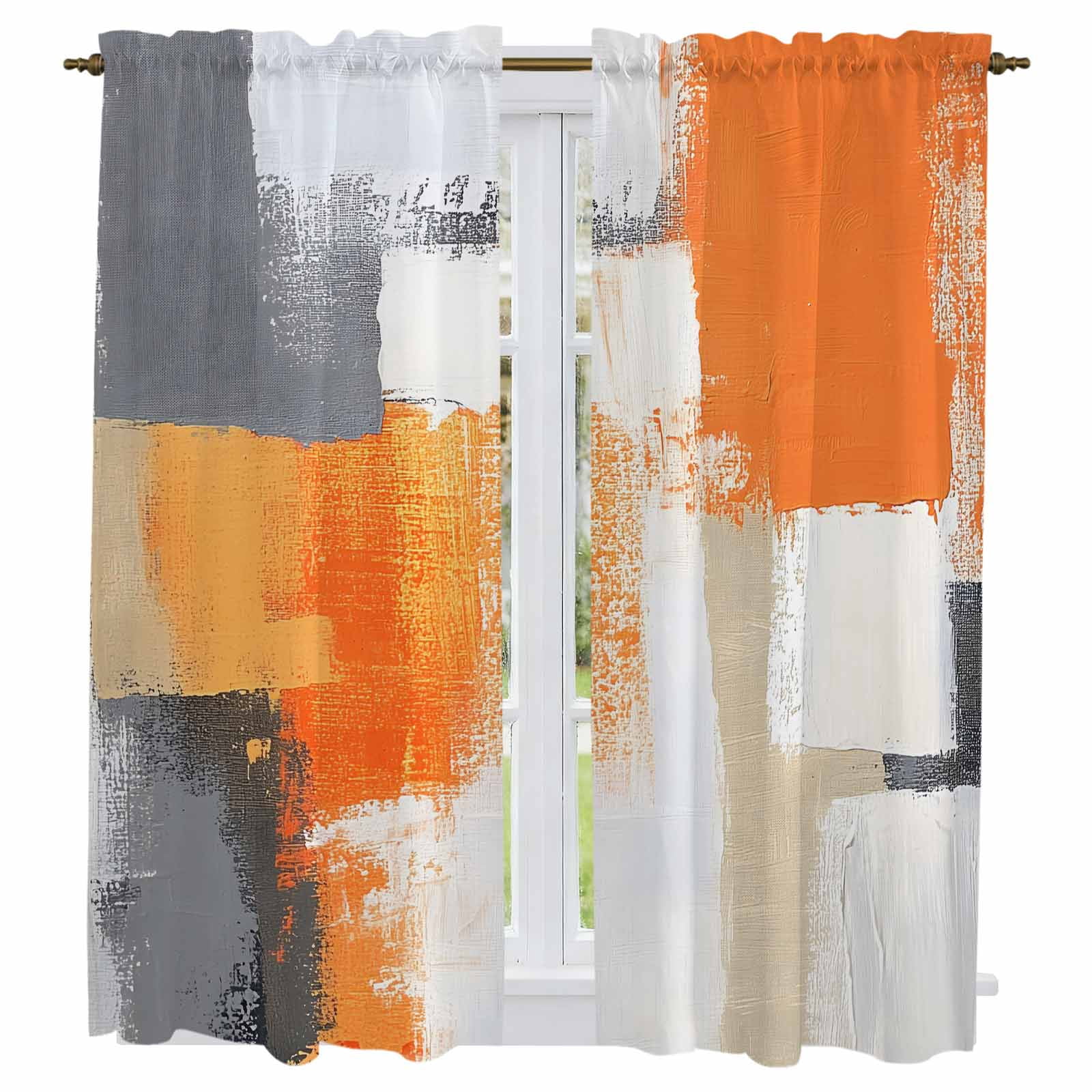 Burnt Orange Grey Kitchen Curtains, Abstract Geometric Oil Painting ...