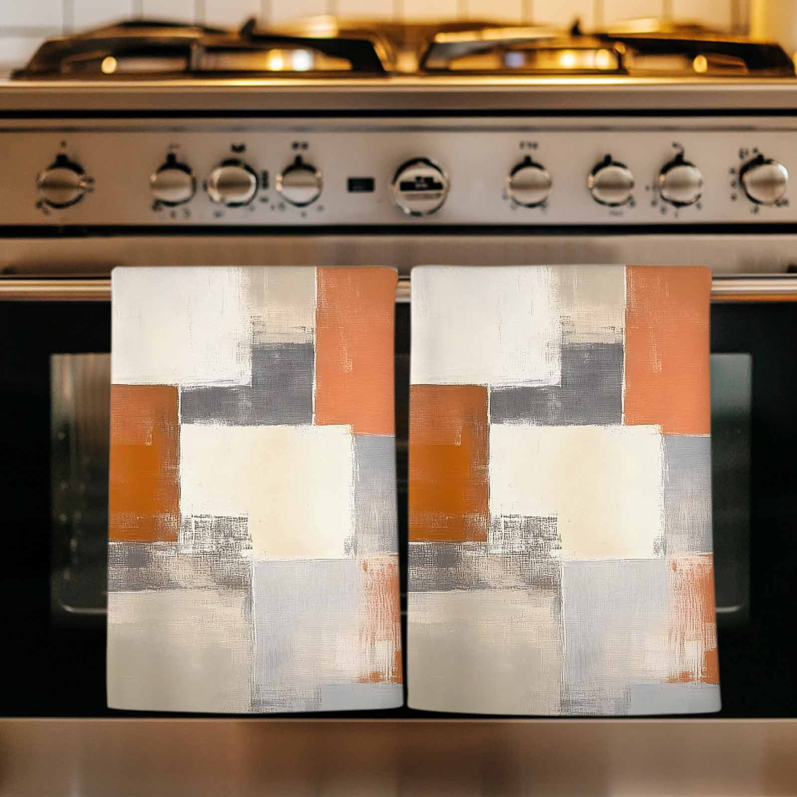Burnt Orange Grey Kitchen Towels Set of 1, Modern Abstract Oil Painting ...