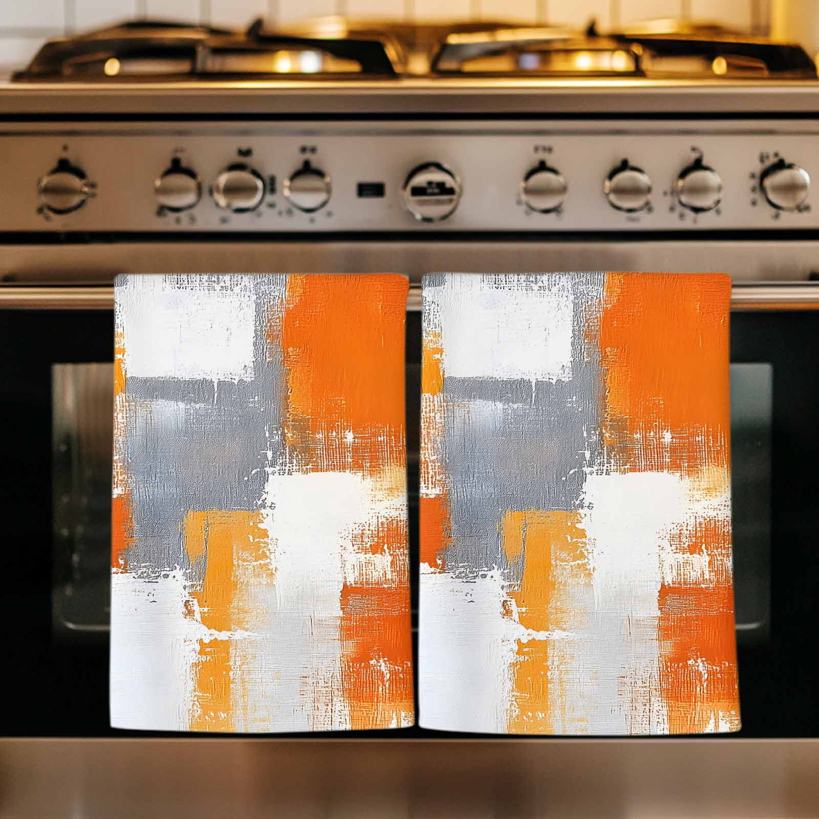 Burnt Orange Grey Kitchen Towels Set of 1, Modern Oil Painted Geometric ...