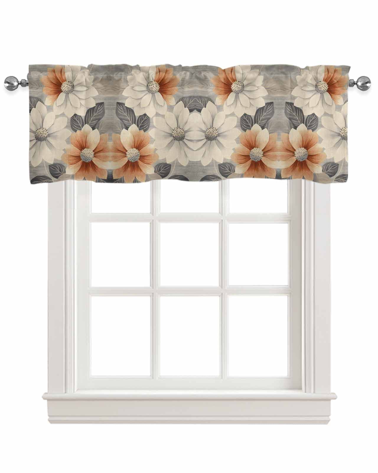 Burnt Orange Grey Kitchen Valances for Windows Farmhouse Linen Window ...