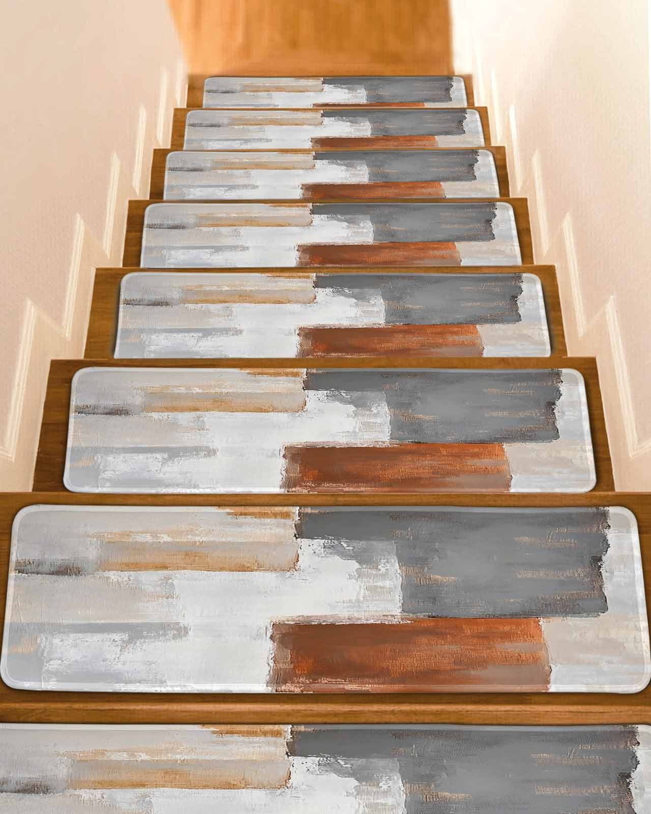 Burnt Orange Grey Non-Slip Stair Treads for Wooden Steps, 4 Pack-8x30in ...