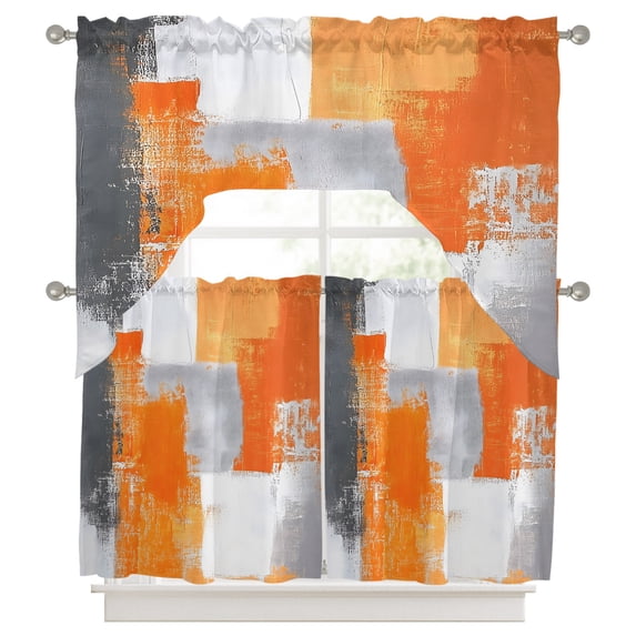 Burnt Orange Grey Oil Painting Curtains Swag and Tiers Curtains Set ...