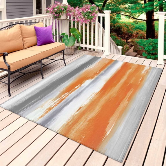 Burnt Orange Grey Outdoor Rug for Patio/Deck/Porch, Non-Slip Large Area ...