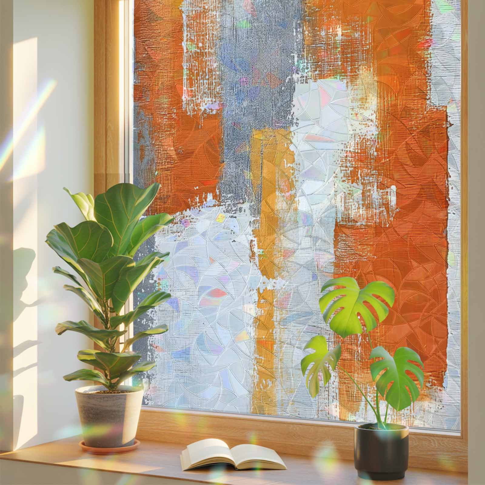 Burnt Orange Grey Privacy Window Film, Decorative Stained Glass Window ...