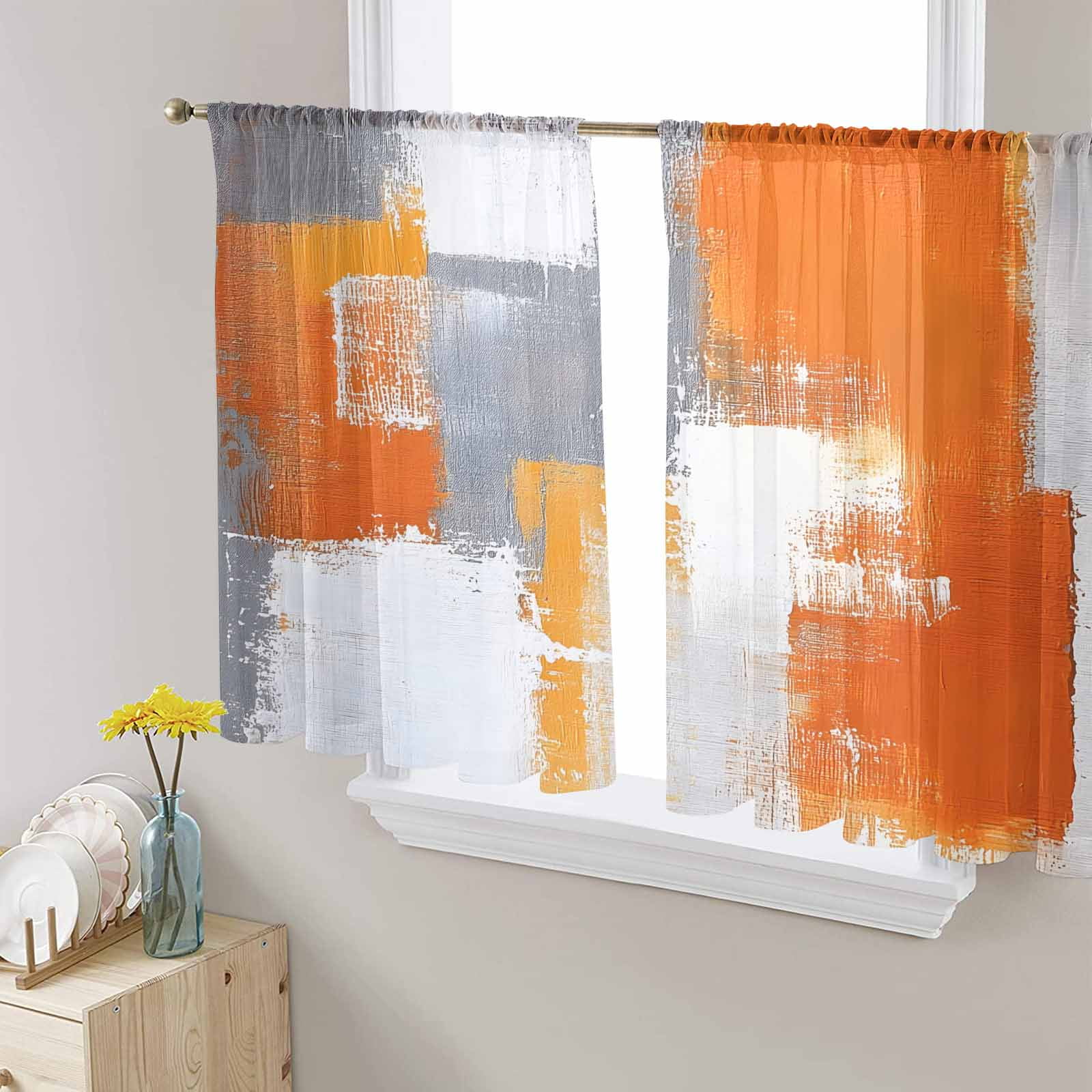 Burnt Orange Grey Semi Sheer Curtains 45 Inch Length 2 Panels Set ...