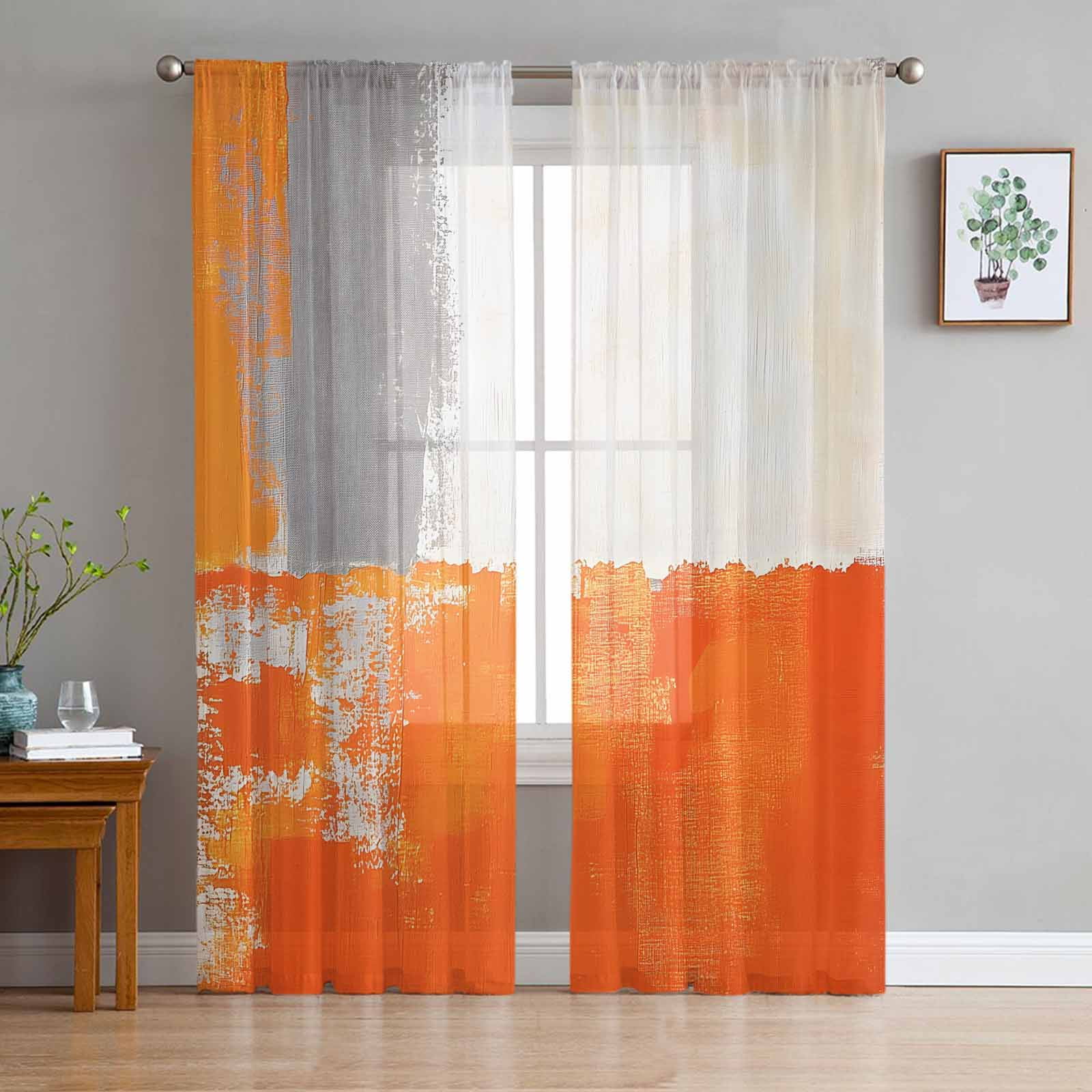 Burnt Orange Grey Sheer Curtains 63 Inch Length 2 Panels Set for Living ...