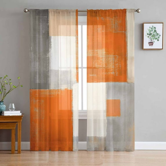 Burnt Orange Grey Sheer Curtains 96 Inch Length 2 Panels Set for Living ...