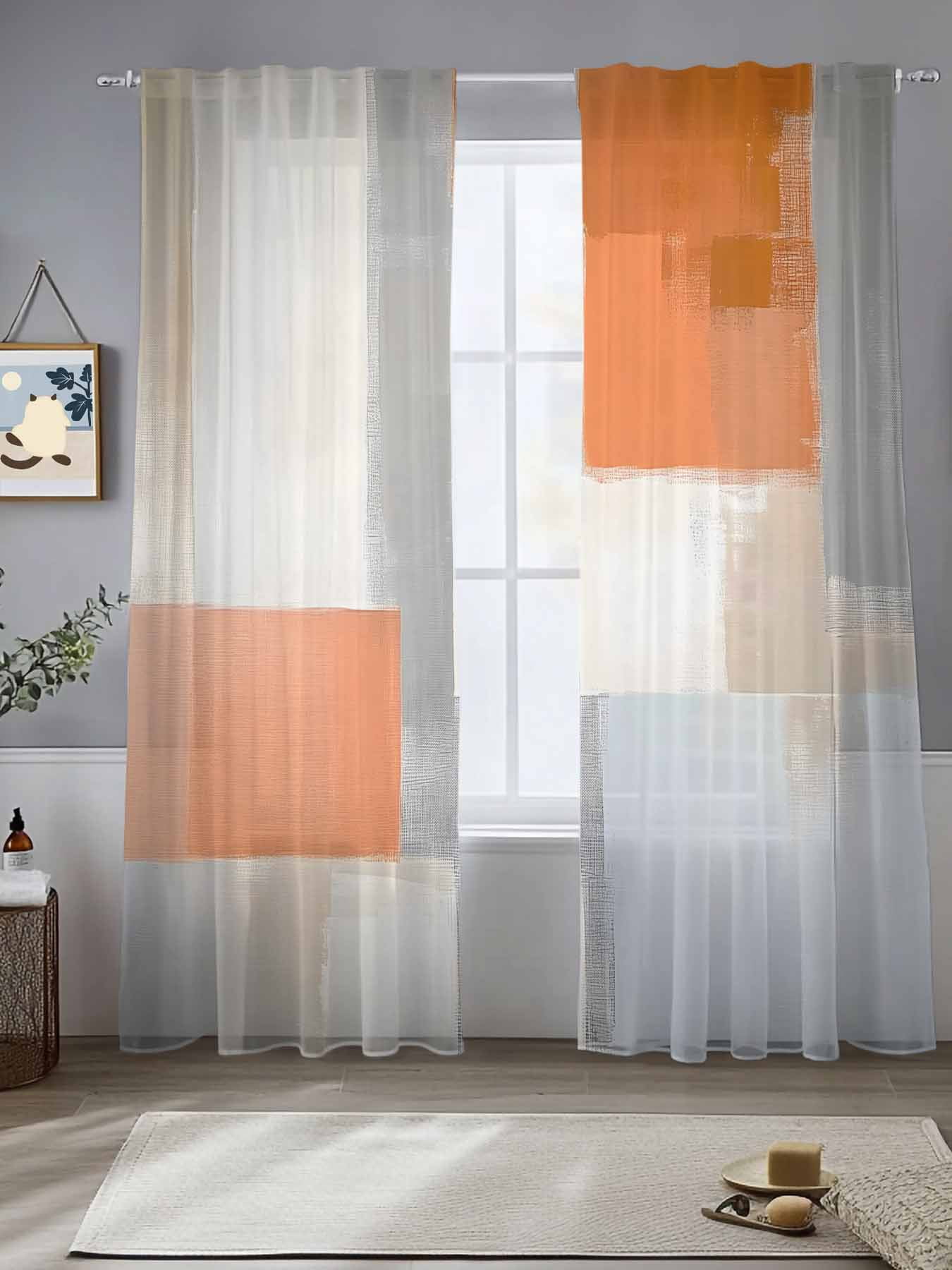 Burnt Orange Grey Sheer Curtains for Living Room Bedroom Abstract Art ...