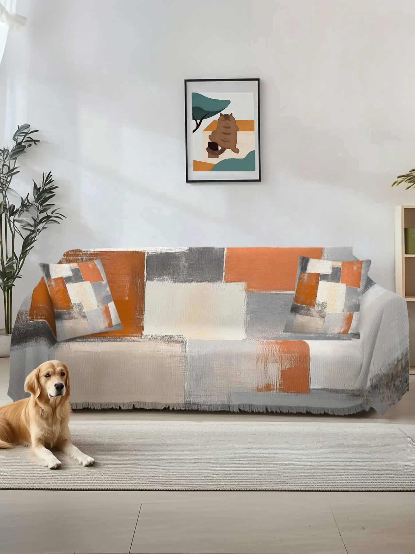 Burnt Orange Grey Sofa Covers for 2-3 Cushion Couch L-Shaped Sectional ...