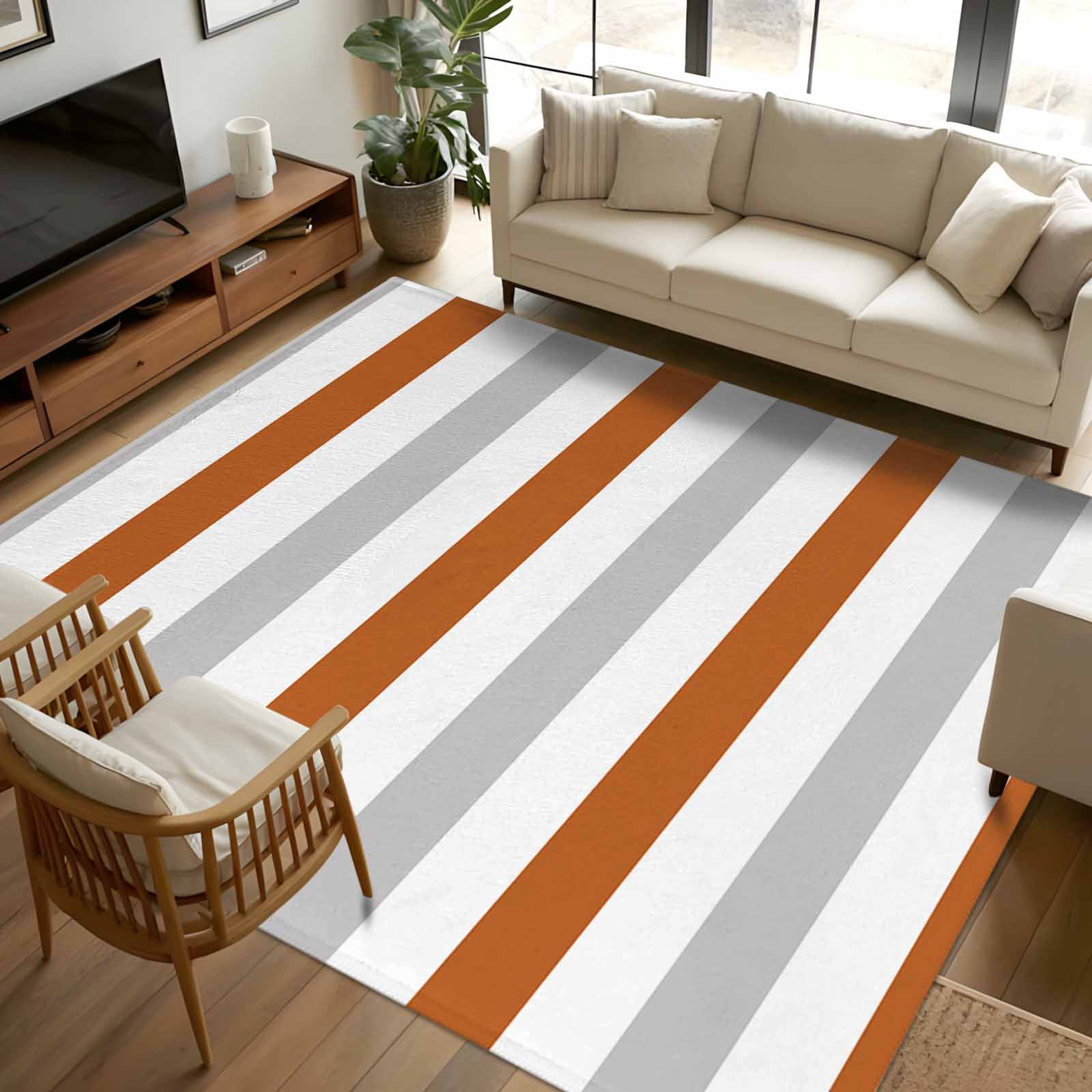 Burnt Orange Grey Stripe 5x7 Area Rugs, Modern Farmhouse Vertical ...
