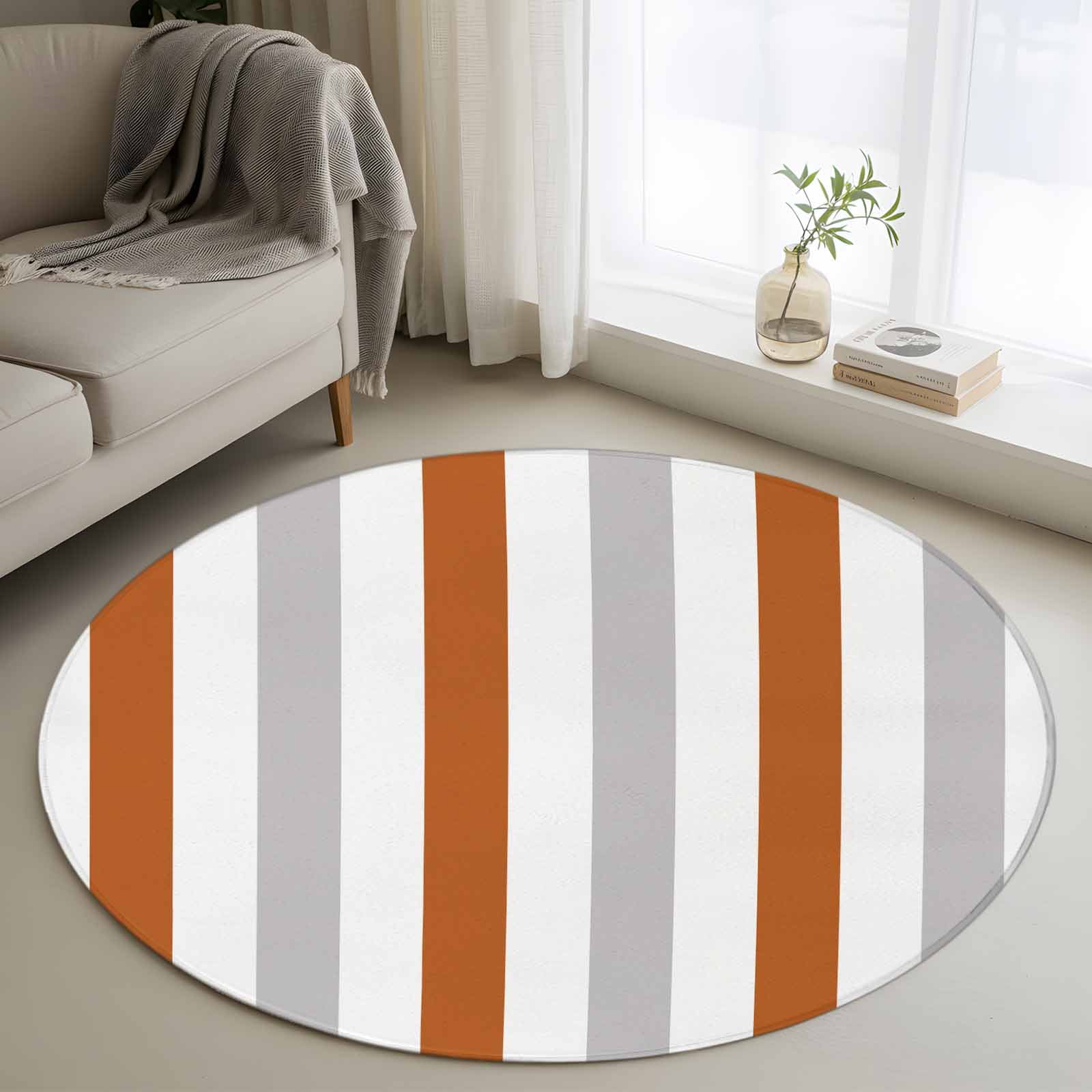 Burnt Orange Grey Stripe Round Rugs 3.3ft, Modern Farmhouse Vertical ...