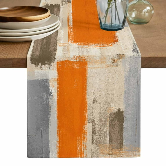 Burnt Orange Grey Table Runner, Abstract Modern Oil Painted Geometric ...