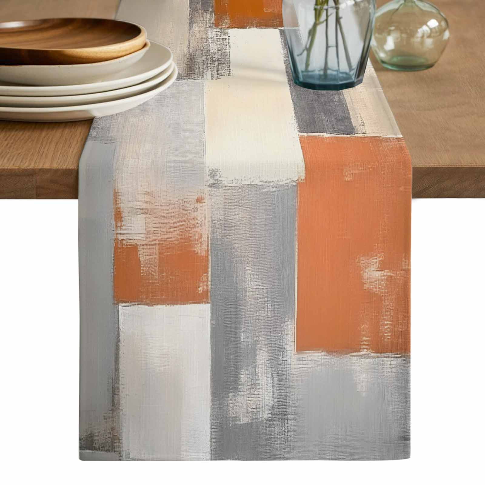 Burnt Orange Grey Table Runner, Modern Abstract Oil Painting Washable ...