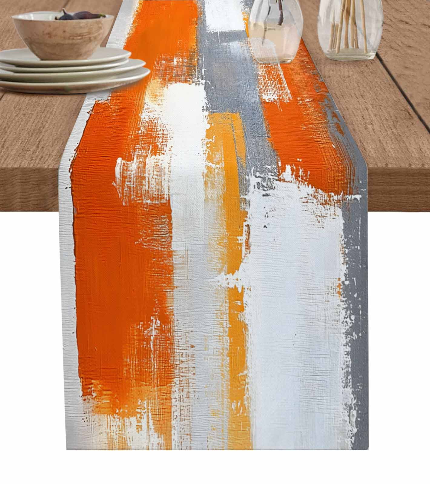 Burnt Orange Grey Table Runner Modern Oil Painted Geometric Abstract ...