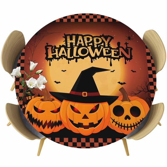 Burnt Orange Halloween Round Tablecloth, Fitted Table Cover with ...