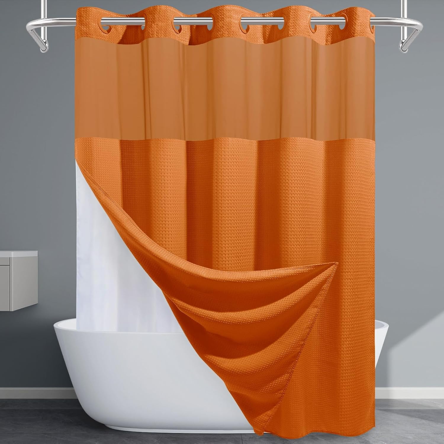 Burnt Orange No Hook Shower Curtain with Snap-in Liner, 230GSM Waffle ...
