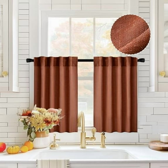 Burnt Orange Kitchen Curtains 36 Inch Length 2 Panels, Soft Thick Linen ...