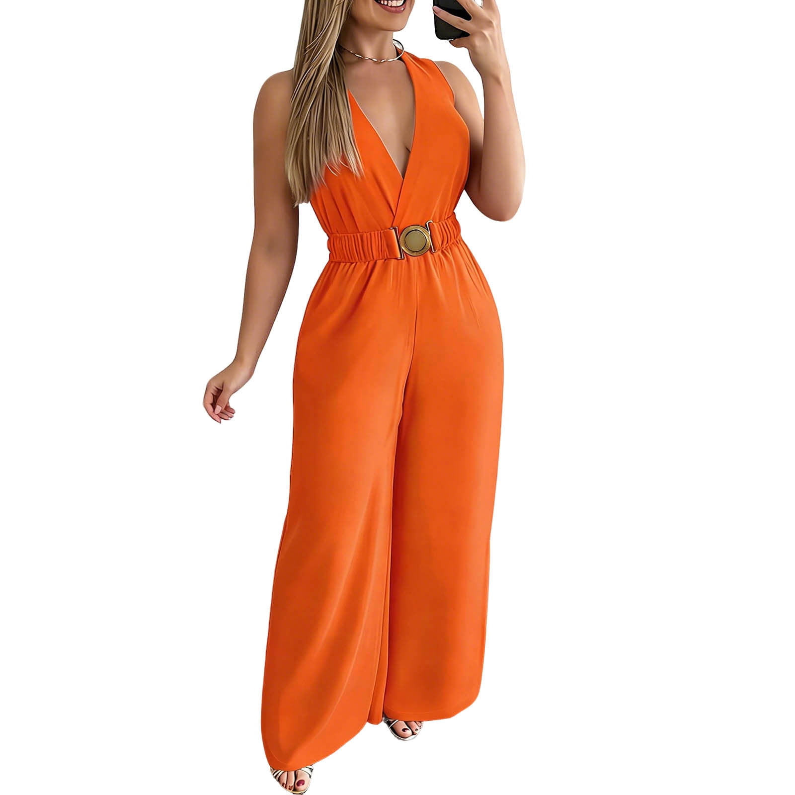 Burnt Orange Ladies V Neck Jumpsuits Unitard for Women Sleeveless Slip ...