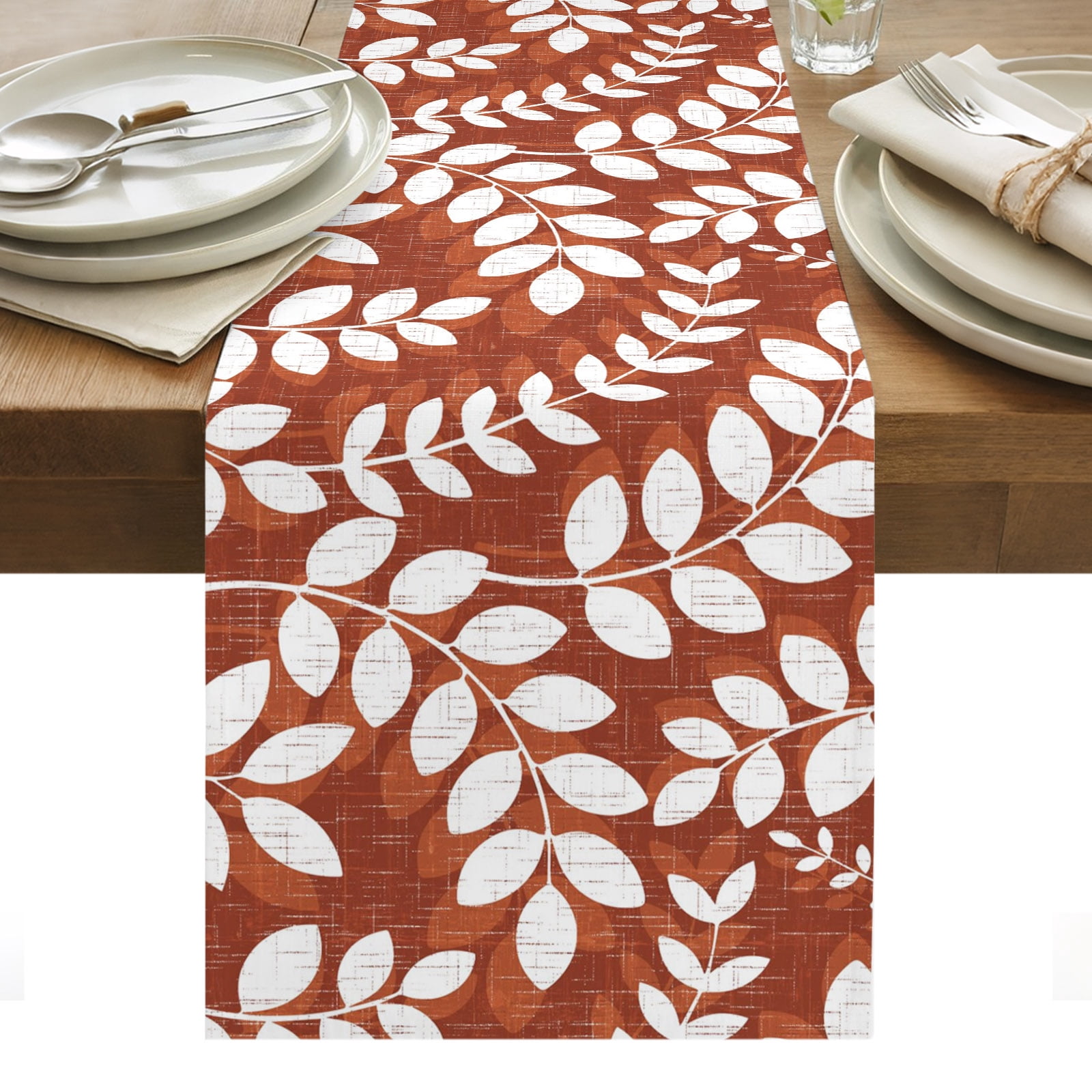 Burnt Orange Leaves Table Runner Farmhouse Botanical Branch Vintage ...