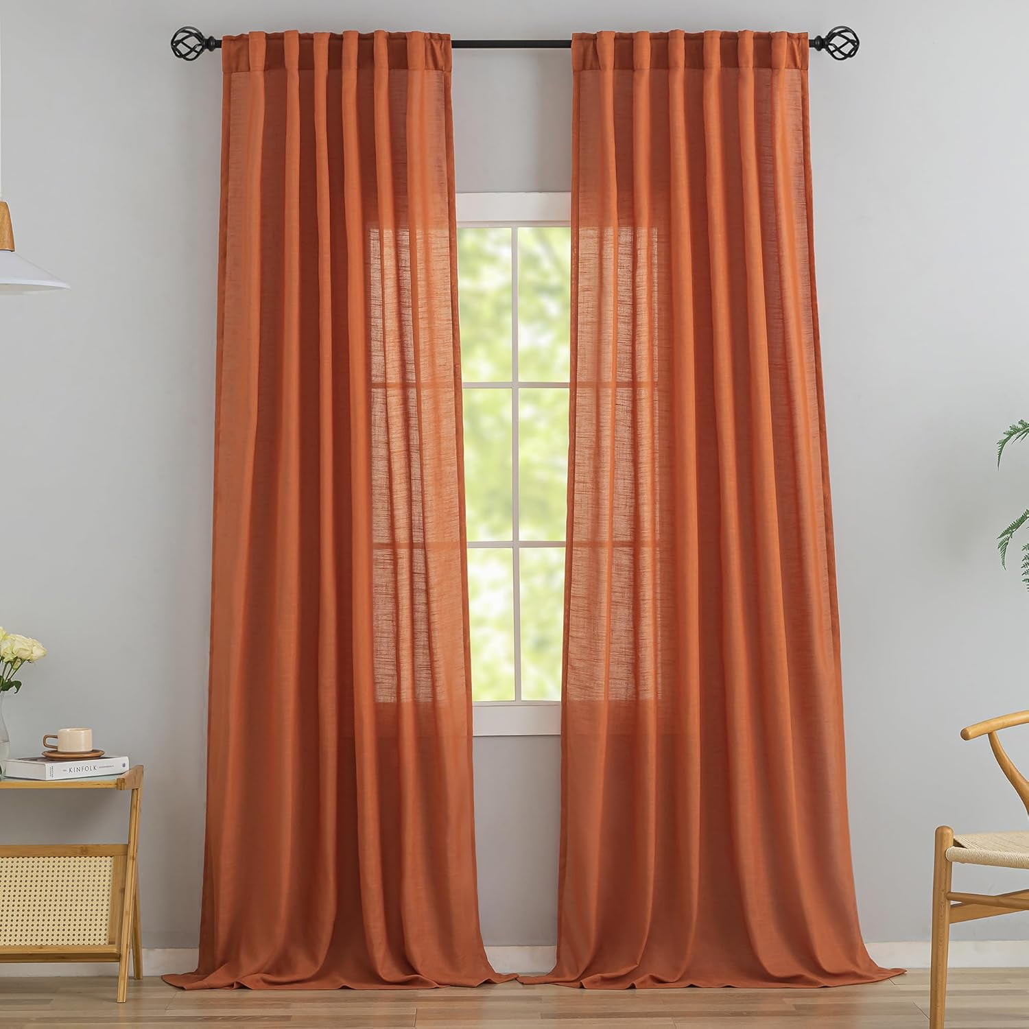Burnt Orange Linen Back Tab Curtains 120 Inches Extra Long Ceiling to ...
